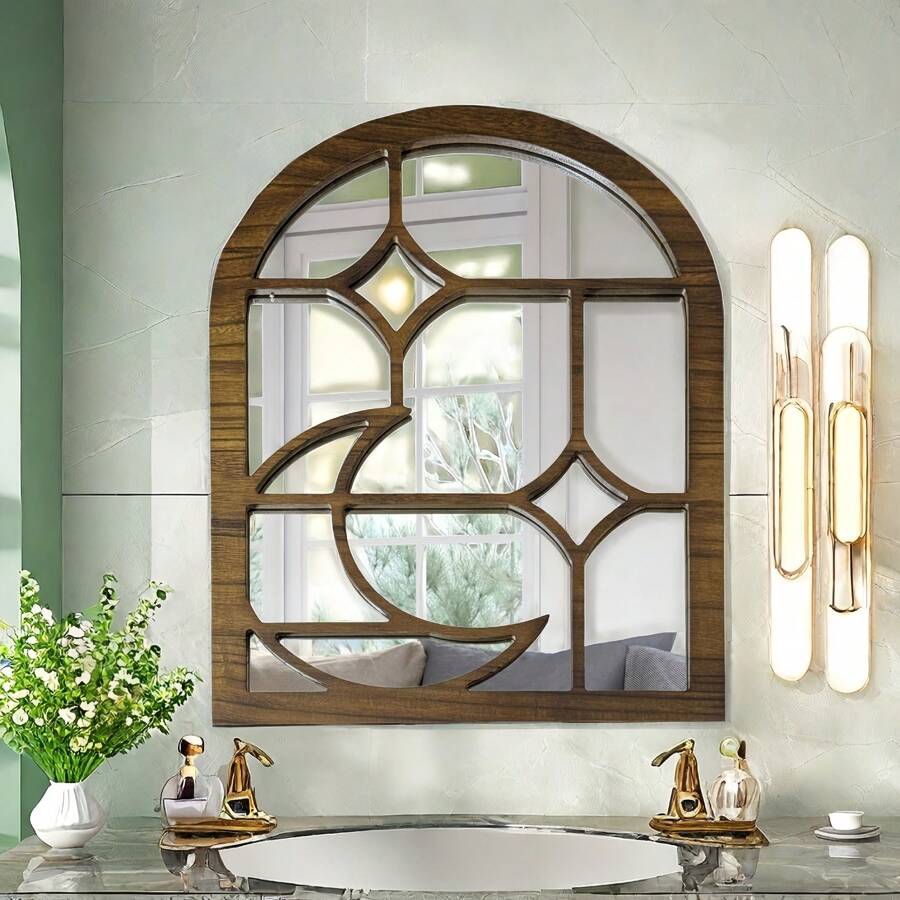 Mirror Wood Cathedral Window Pane Mirror - Arched Window Mirror For ...