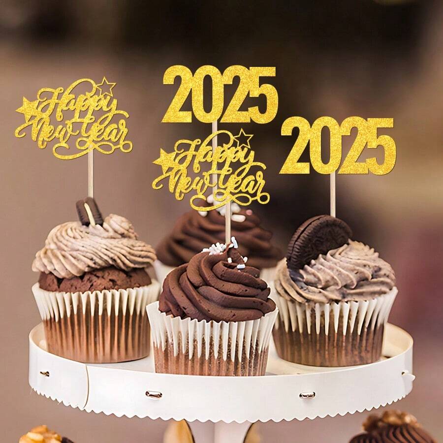 24pcs/Set 2025 New Year'S Eve Cupcake Toppers Glitter "Happy New Year ...