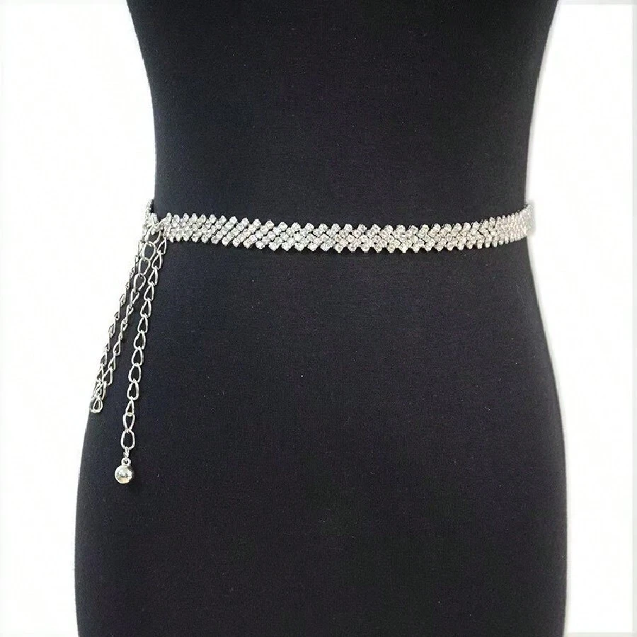 Elegant Silver Tone Metal Waist Chain With Shiny Crystals, Adjustable ...