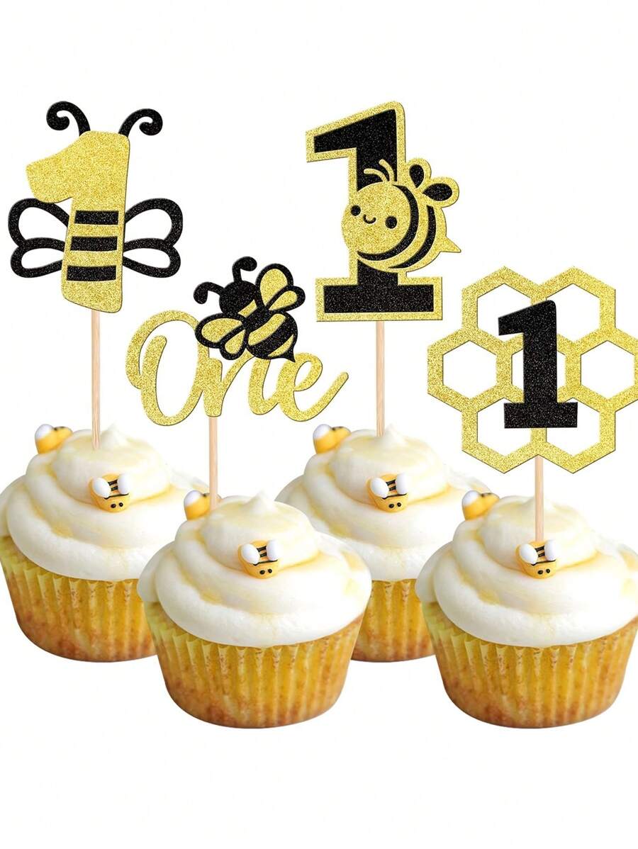 12 PCS Bee One Cupcake Toppers Black And Gold Glitter Honeycomb Number ...
