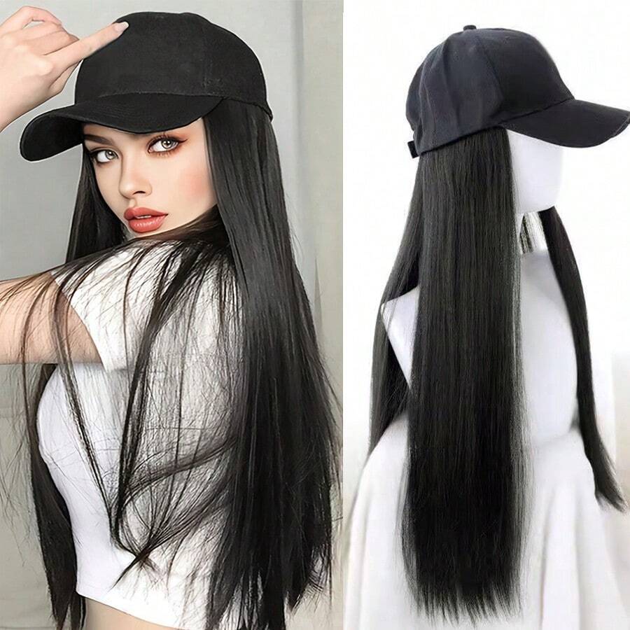 Synthetic Long Black Duck Bill Hat With Attached Wig, Cap Full Set Wig ...