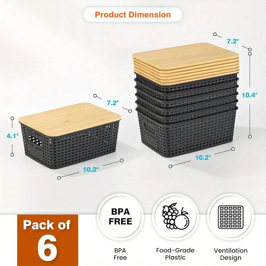 6 Pack Plastic Storage Baskets With Bamboo Lid - Plastic Storage ...