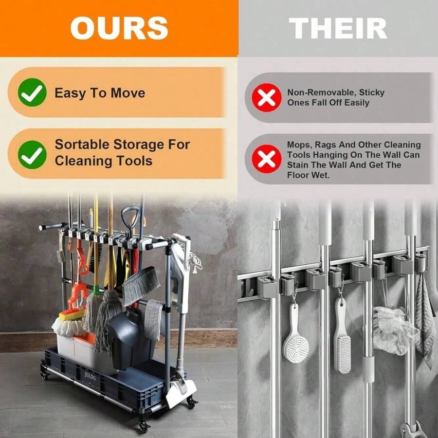 Freestanding Mobile Cleaning Tool Storage Rack, Mop And Broom Holder ...