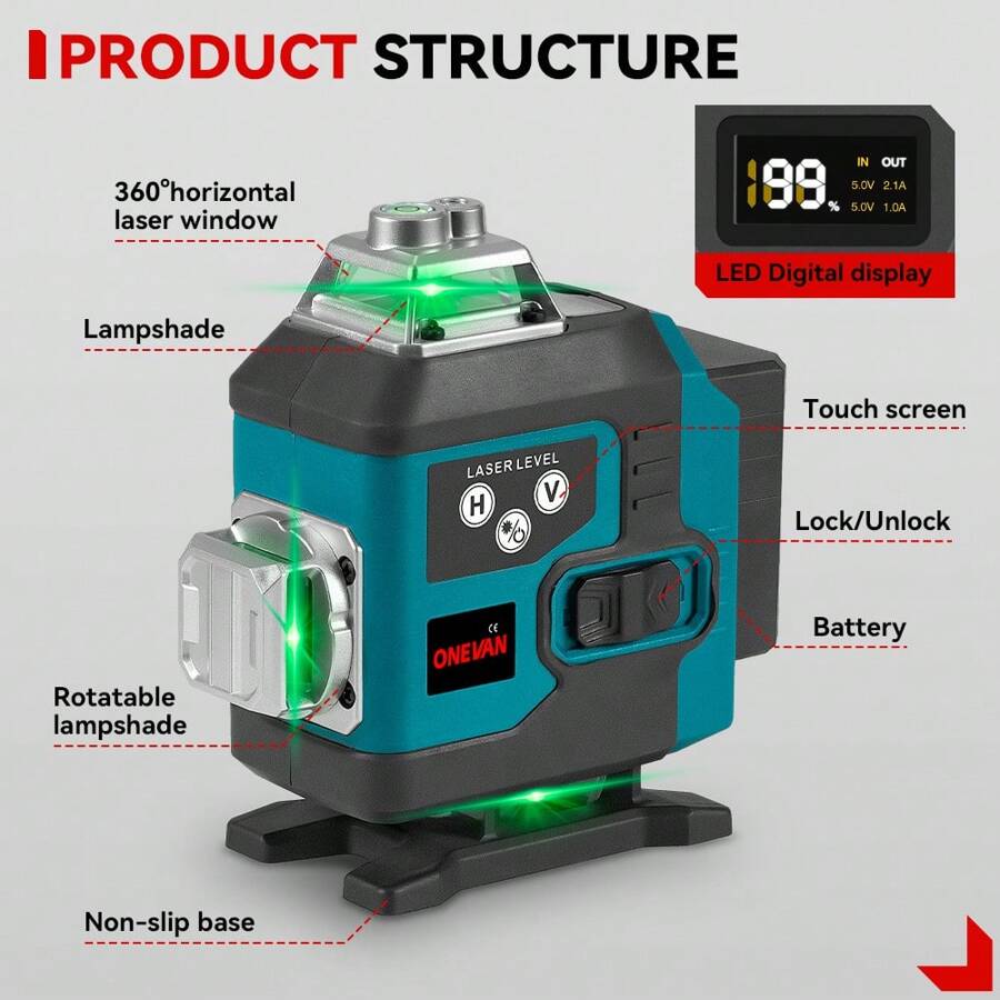 ONEVAN Nivel de espíritu láser 4D de 16 líneas, herramienta de medición y nivelación ...