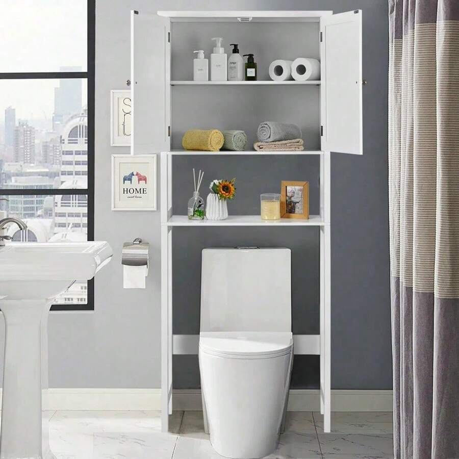 Costway Over The Toilet Storage Cabinet Double Door Bathroom Organizer ...
