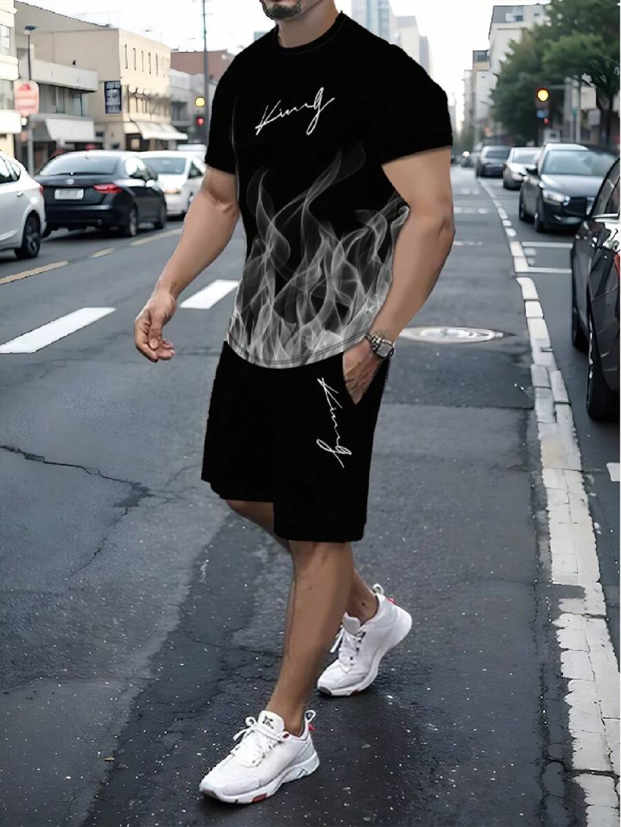 Men's 3D Printed Gradient Tracksuit, Crewneck, Micro-Stretch T-Shirt ...