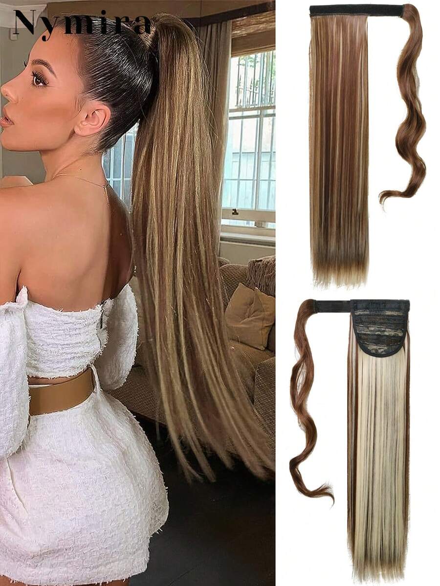 Straight Long Ponytail Extensions 24 Inch Brown And Blonde Wrap Around ...