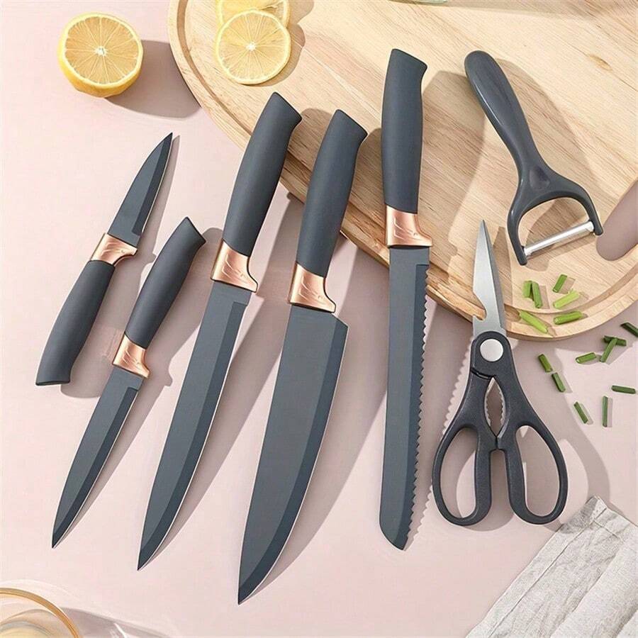 Black 8-Piece Kitchen Painted Knife Set, Kitchen Storage Bucket With ...