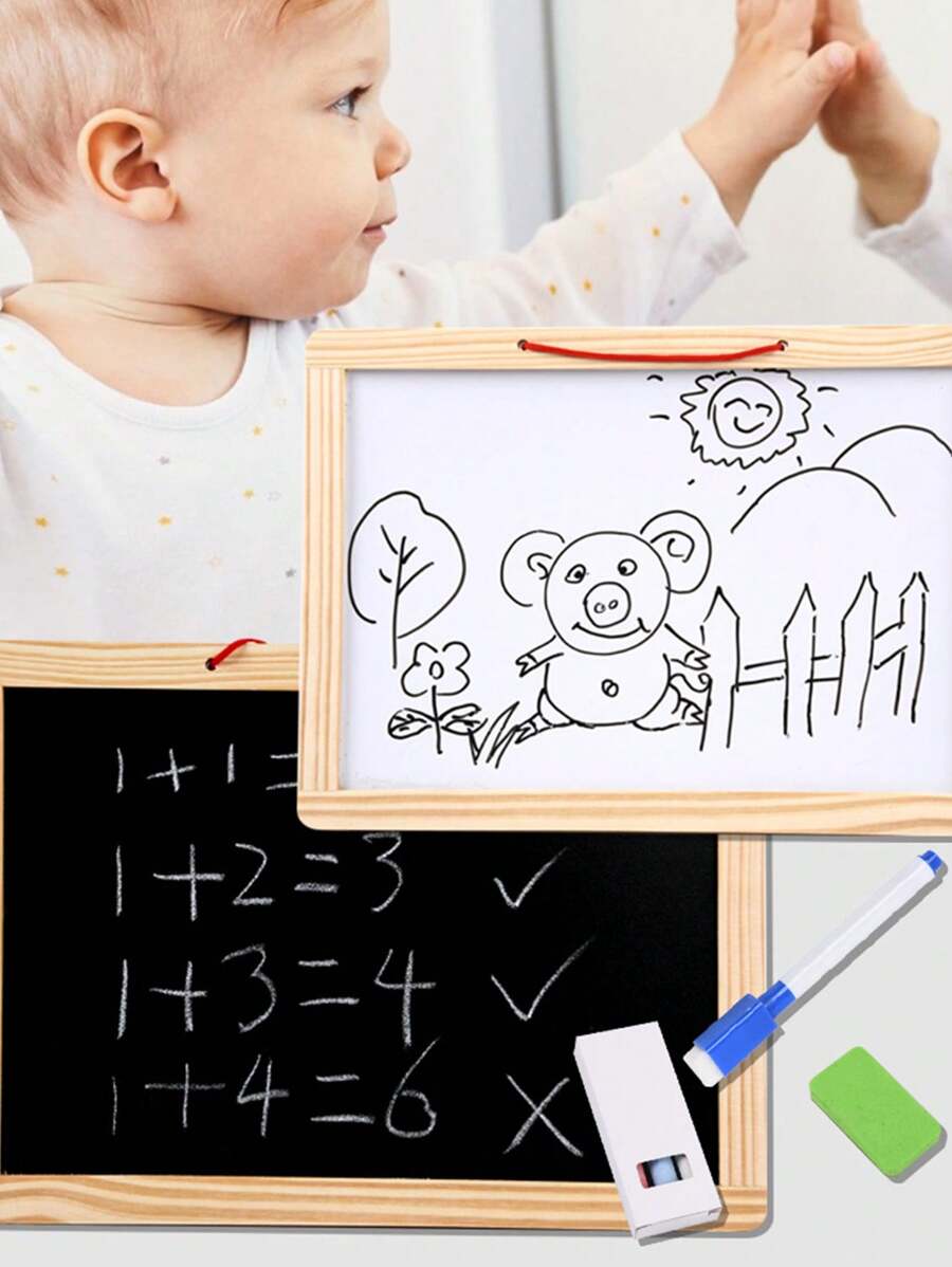 Kids Drawing Board With Double-Sided Blackboard And Whiteboard, Wooden ...