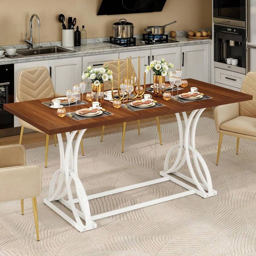 70.3" Rectangular Modern Dining Table W/ Walnut Tabletop & Geometric ...