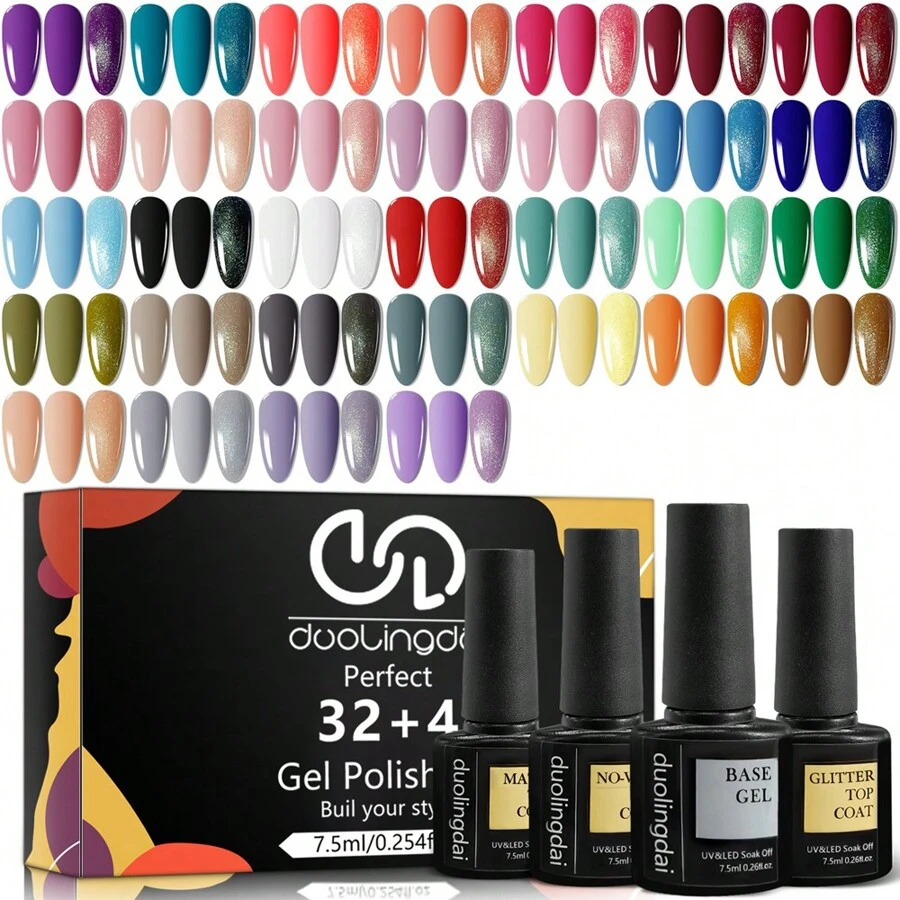 36pcs Gel Nail Polish Kit - 32 Vibrant Colors With Base, Glossy & Matte ...