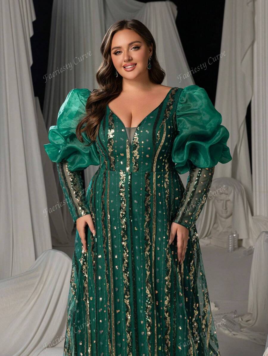 Faeriesty Plus Gorgeous Plunging Neck Puff Sleeves Graphic Sequin Formal Prom Dress | SHEIN UK