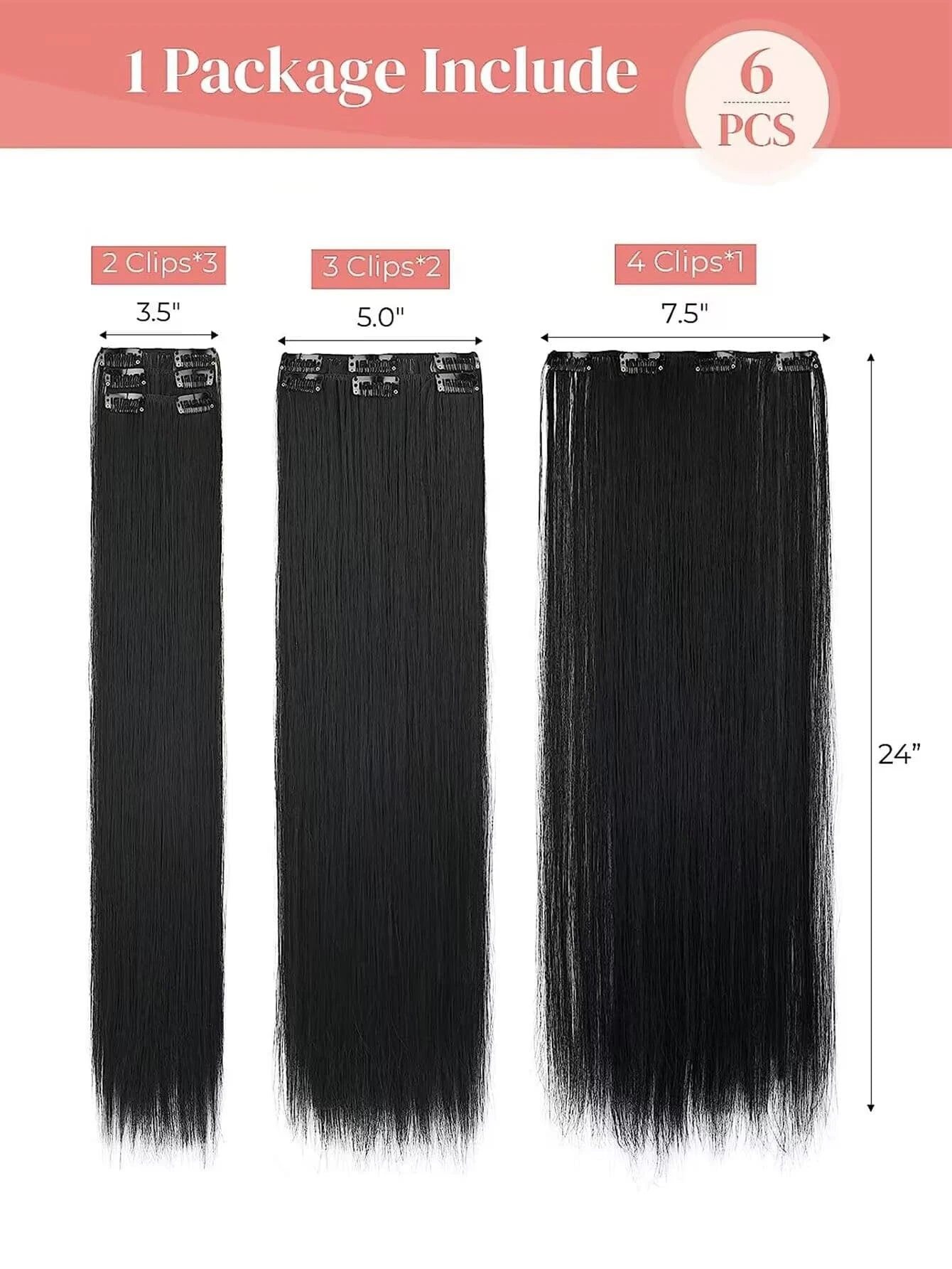 Clip On Long Straight Synthetic Hair Extension 24 Inch 6PCS Chocolate ...