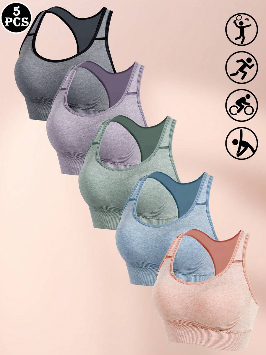 5pcs/Set Seamless Sports Tank Tops, Comfortable Solid Color Bras For ...