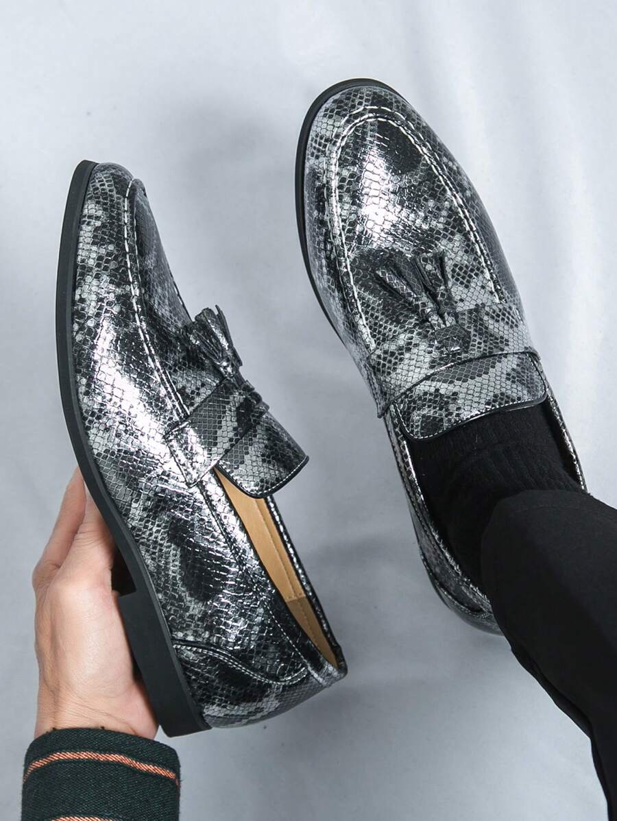 Men's Snake Skin Loafers With Tassel Decor, Suitable For Saturday ...