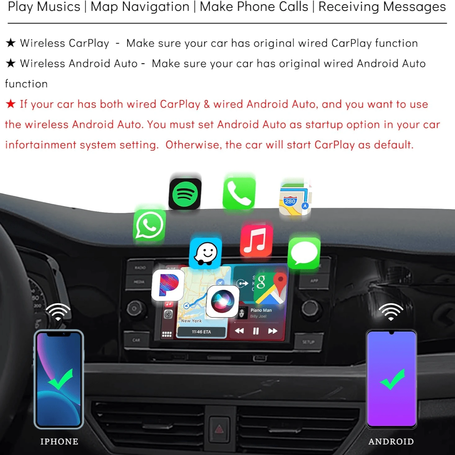 2 In 1 Wireless CarPlay Android Auto Adapter Mini USB Dongle, Plug ...