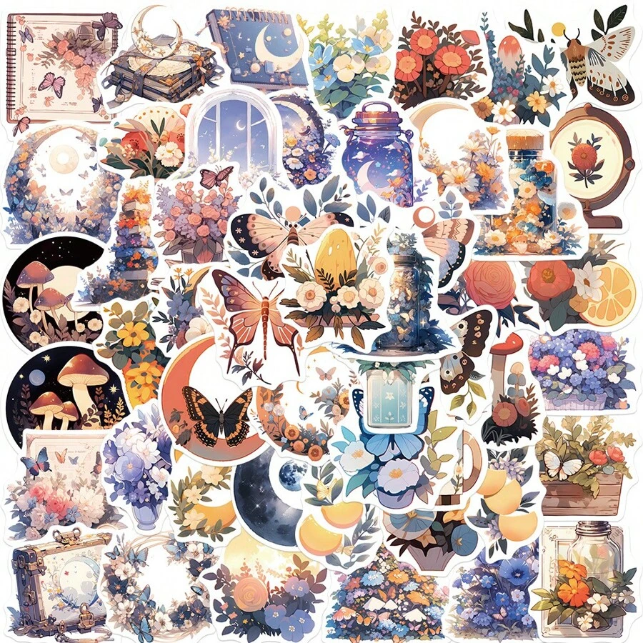 50Pcs Mysterious Flowers And Moon Stickers For Mobile Phones Computers ...
