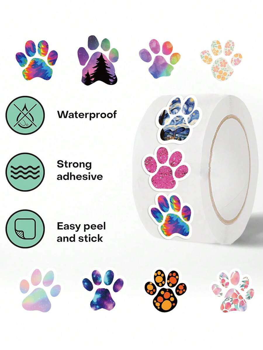 500pcs/Roll Cute Animal Paw Print Sticker Roll - Various Dog Patterns ...