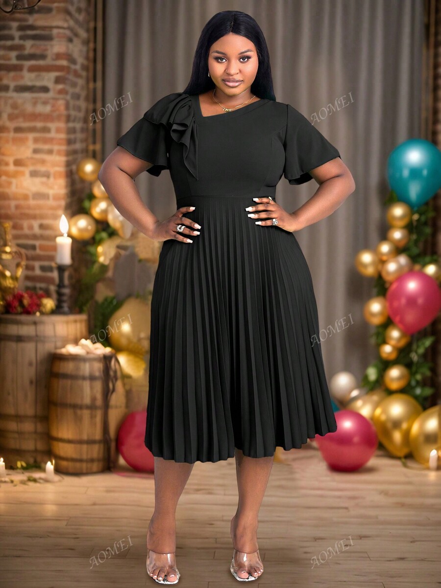 Plus-Size Ladies Asymmetrical Neck Elegant Ruffled Sleeve Pleated A-Line Skirt, Commute ...