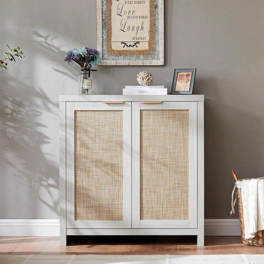 Storage Sideboard Cabinet With Rattan Doors And Adjustable Shelves ...