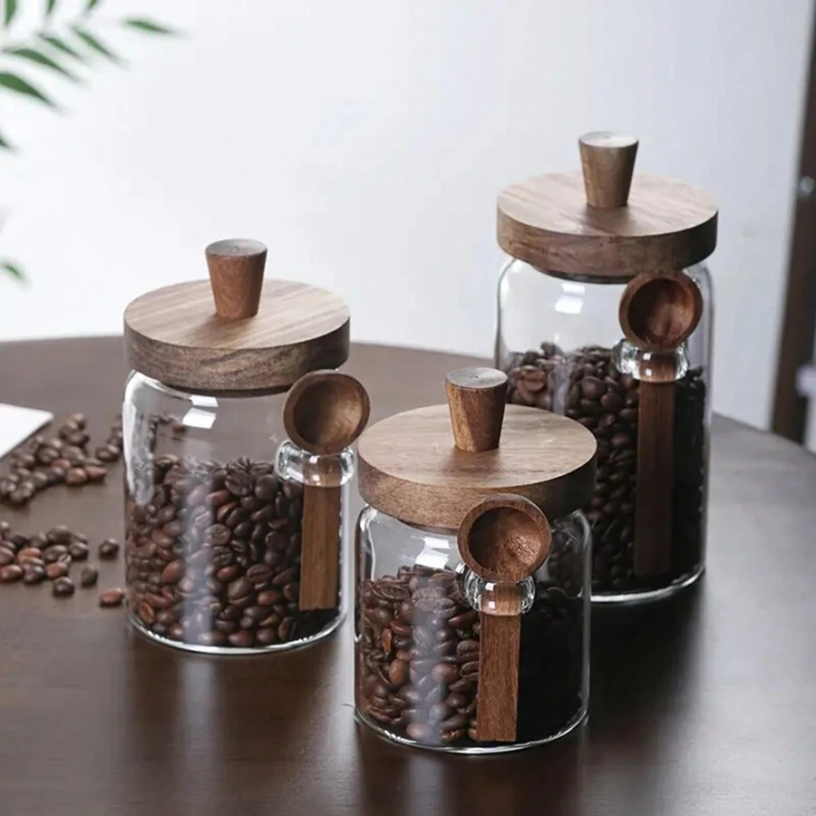 Glass Coffee Canister Set With Wooden Lids And Spoons - Airtight Food ...