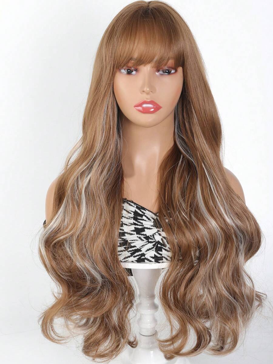 Brown Highlights Blonde Wig Long Curly Upgraded Simulation Hair Wig 28 ...