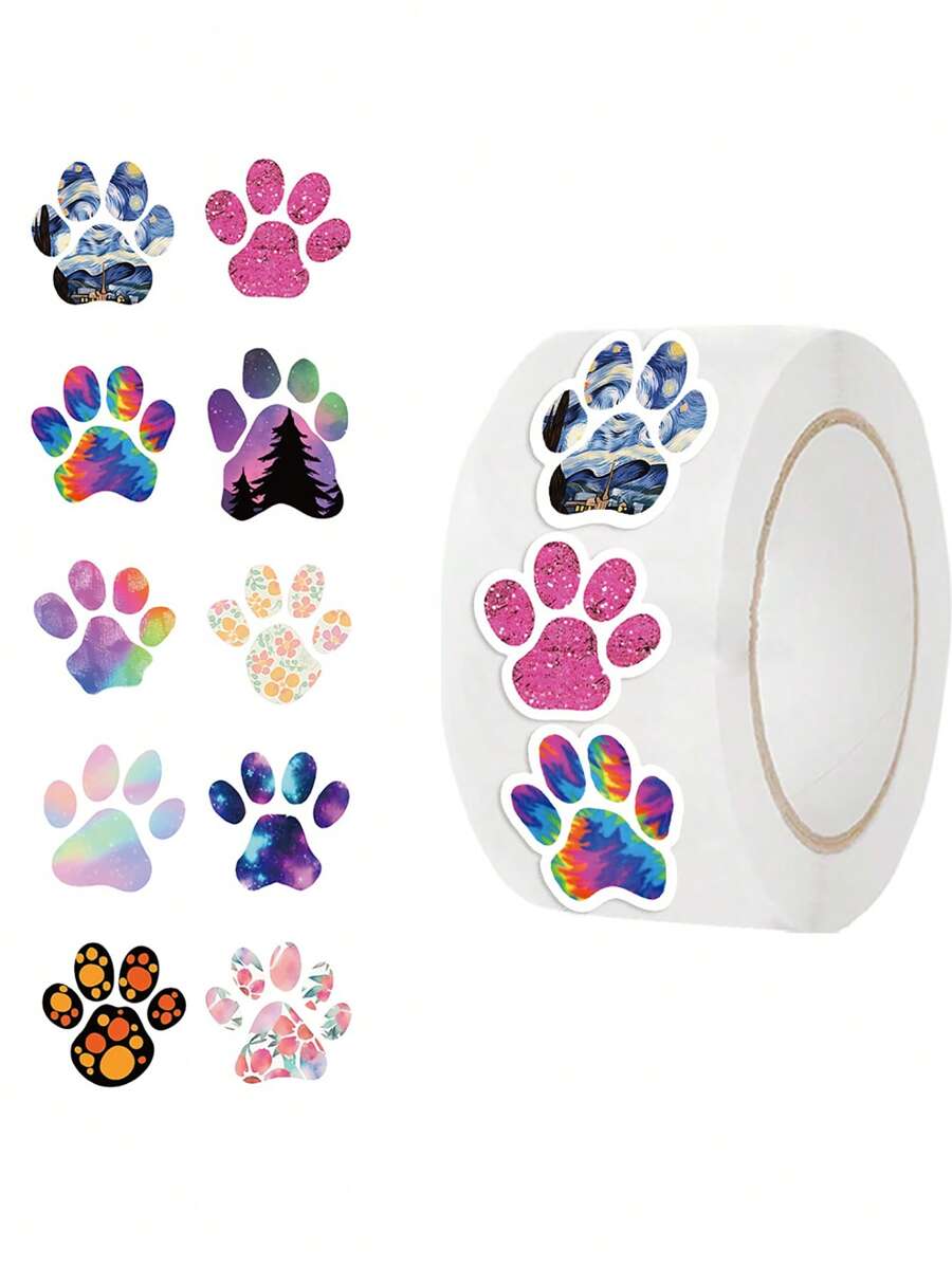 500pcs/Roll Cute Animal Paw Print Sticker Roll - Various Dog Patterns ...