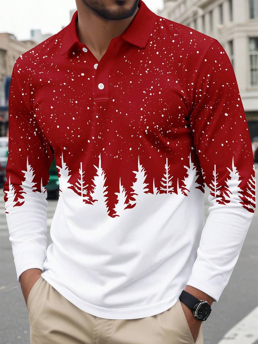 Men's Autumn Christmas Tree Print Long Sleeve Polo Shirt | SHEIN USA