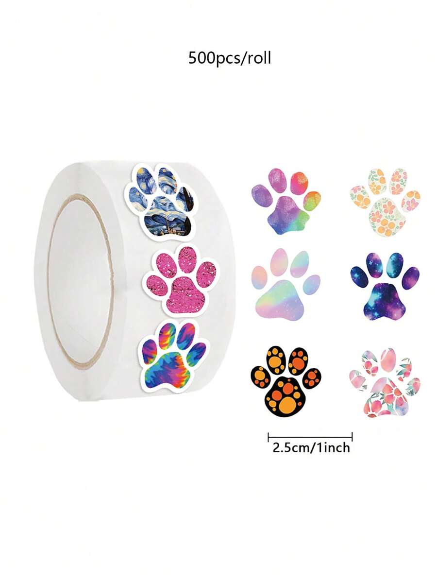 500pcs/Roll Cute Animal Paw Print Sticker Roll - Various Dog Patterns ...