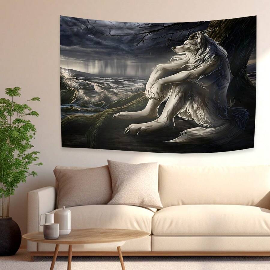 Evil Emo White Wolf Sitting High Quality Funny Meme Tapestry Flags ...