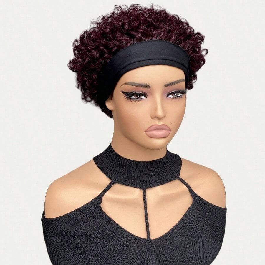 Short Water Wave Headband Wig Black 350 99J 6 Inch Human Hair Wigs For ...