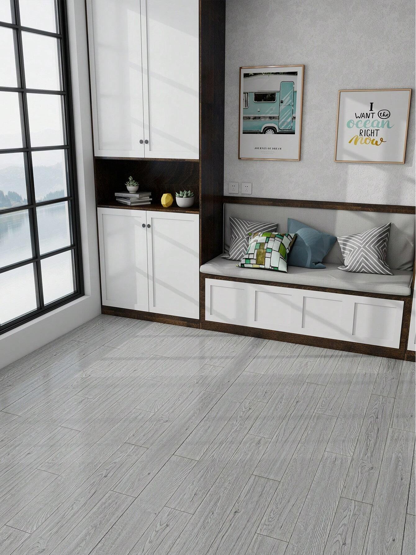 1 Roll Gray Wood-Grain Removable Self-Adhesive Vinyl Floor Tiles ...