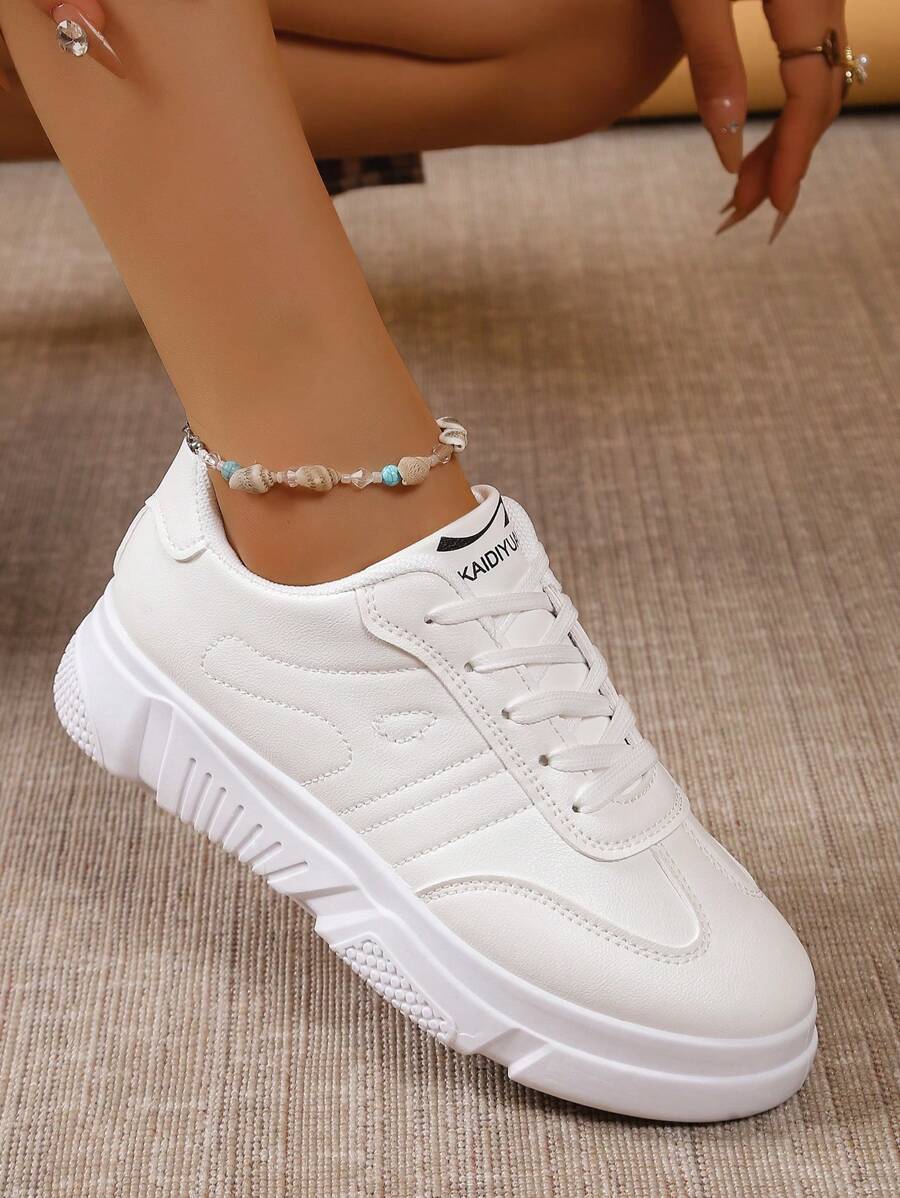 Women's White Shoes, British Style Pure White Lace-Up Leather Sneakers ...