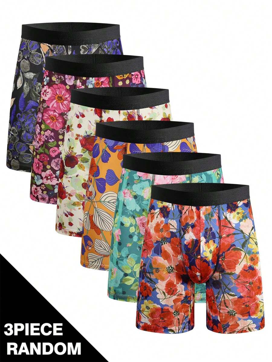 3pcs/Pack Random Digital Print Loose Fit Long Boxer Briefs For Men ...