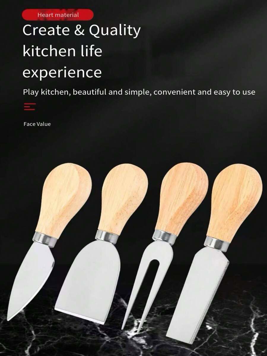4pcs Set Stainless Steel Oak Wood Handle Cheese Slicer, Butter Spreader ...