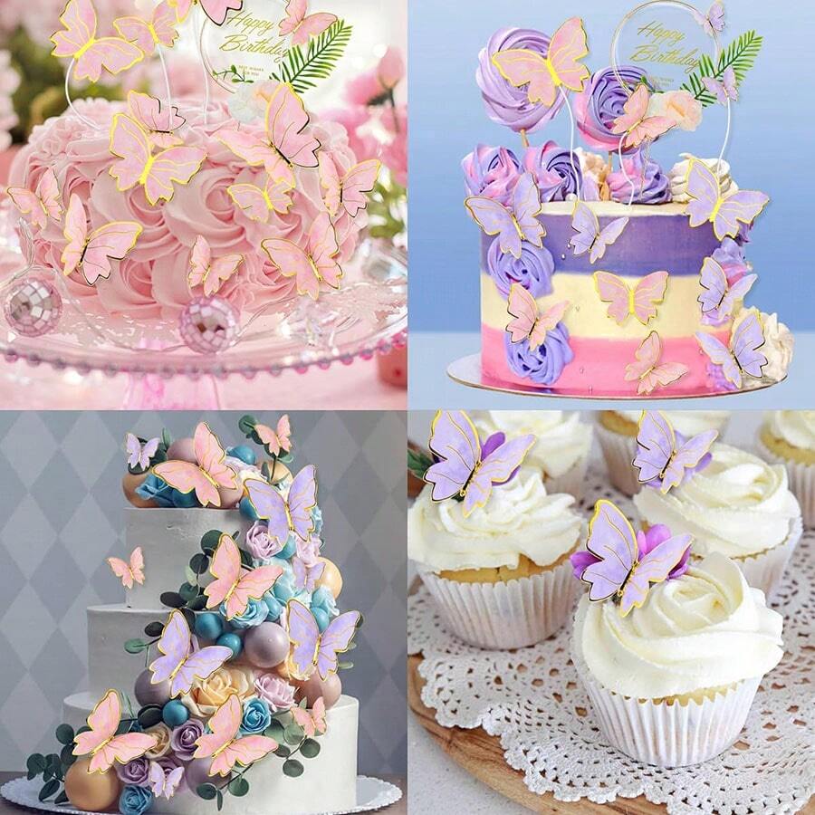 1 Pack Mixed Color Butterfly Cupcake Toppers, Pink, Purple, Golden, For ...