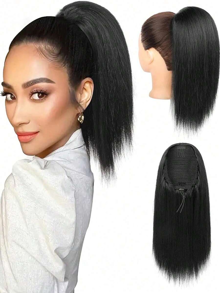Black Ponytail Extension, Short Straight Drawstring Ponytail Extension ...