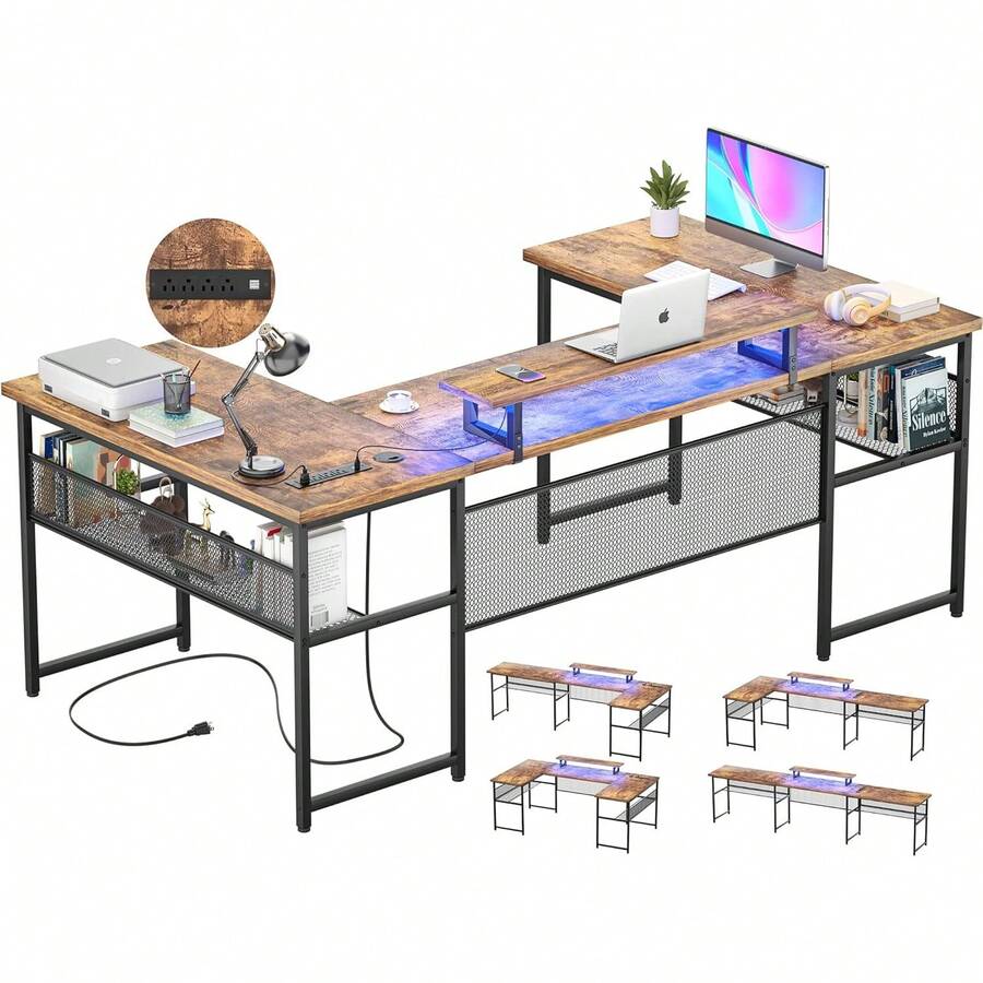 U Shaped Office Desk With Power Outlet And LED Strip, Reversible L ...