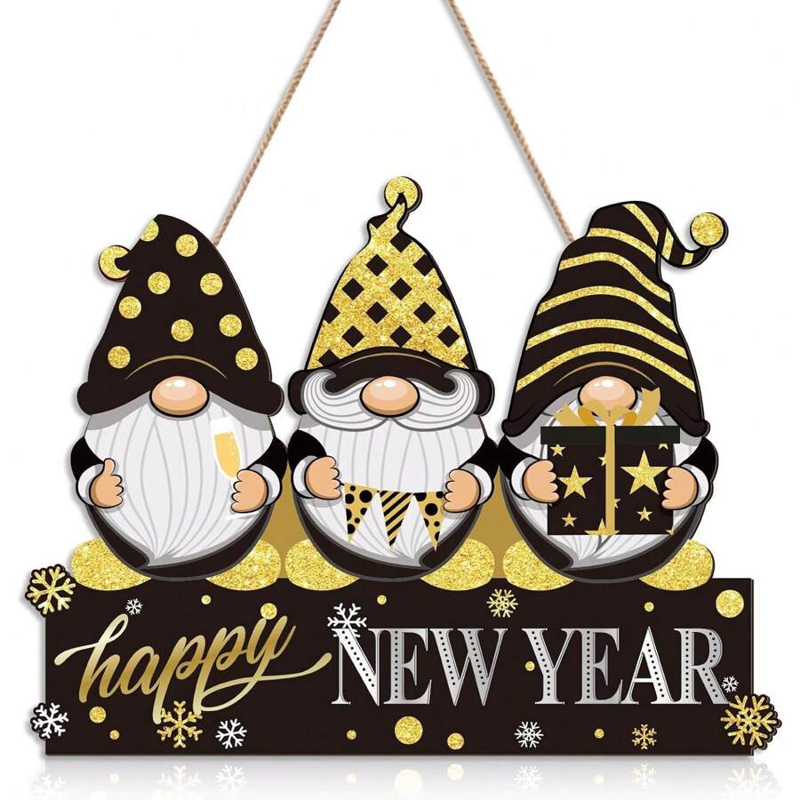 Black And Gold Happy New Year Gnome Door Sign Glitter 2025 New Year's ...