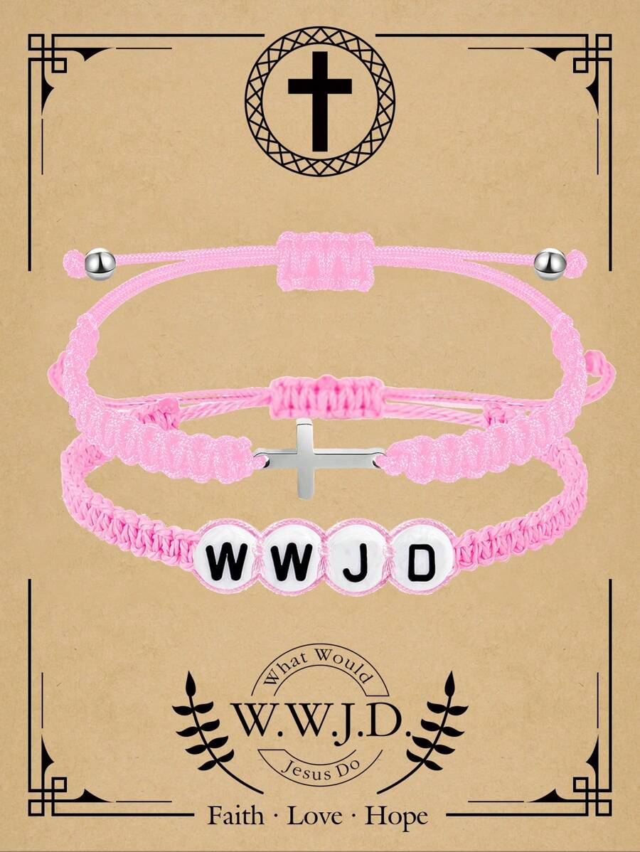 2pcs Fashionable And Popular WWJD Letter Beads & Cross Decor Braided ...