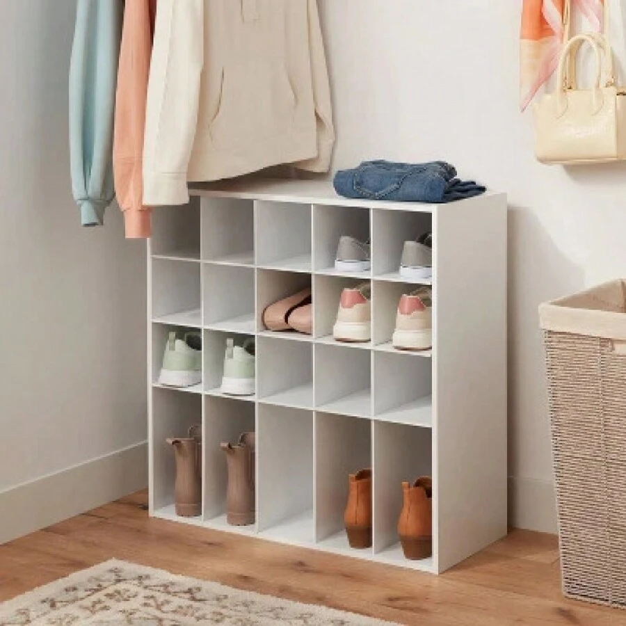 4 Tier Laminate Stackable Shoe Cubby White : Shoe Rack Organizer, Holds ...