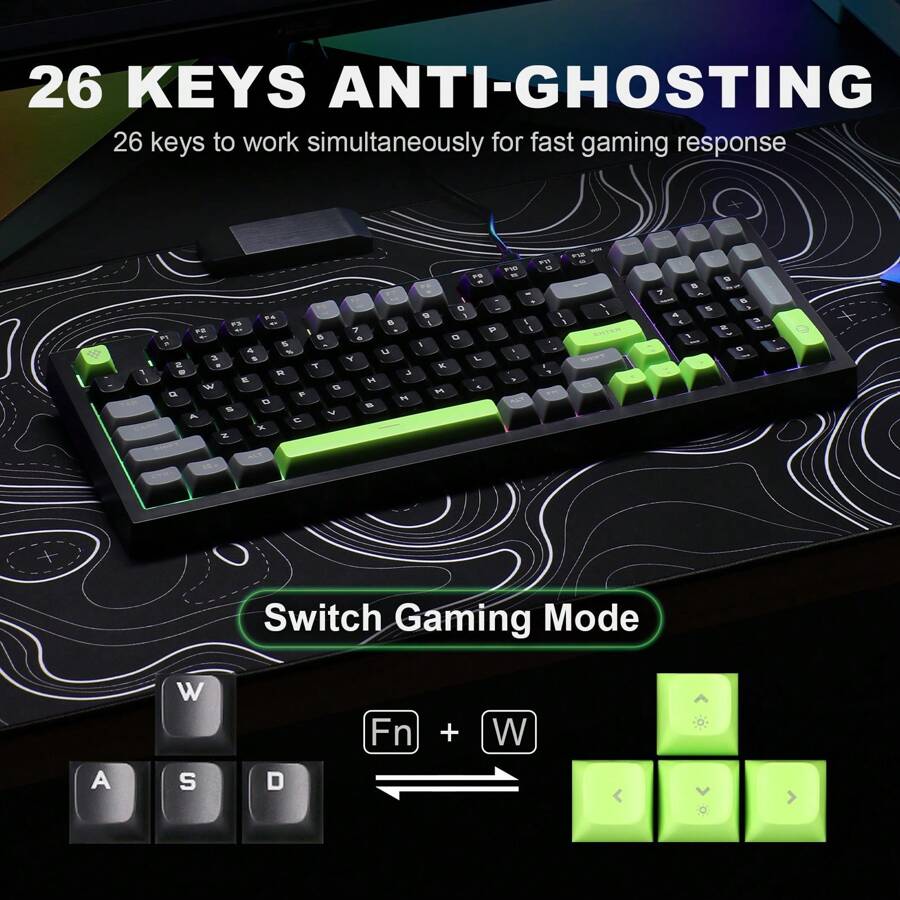 YUNZII YUNZII D98 Black Green Gaming Keyboard, RGB Backlit Quite ...