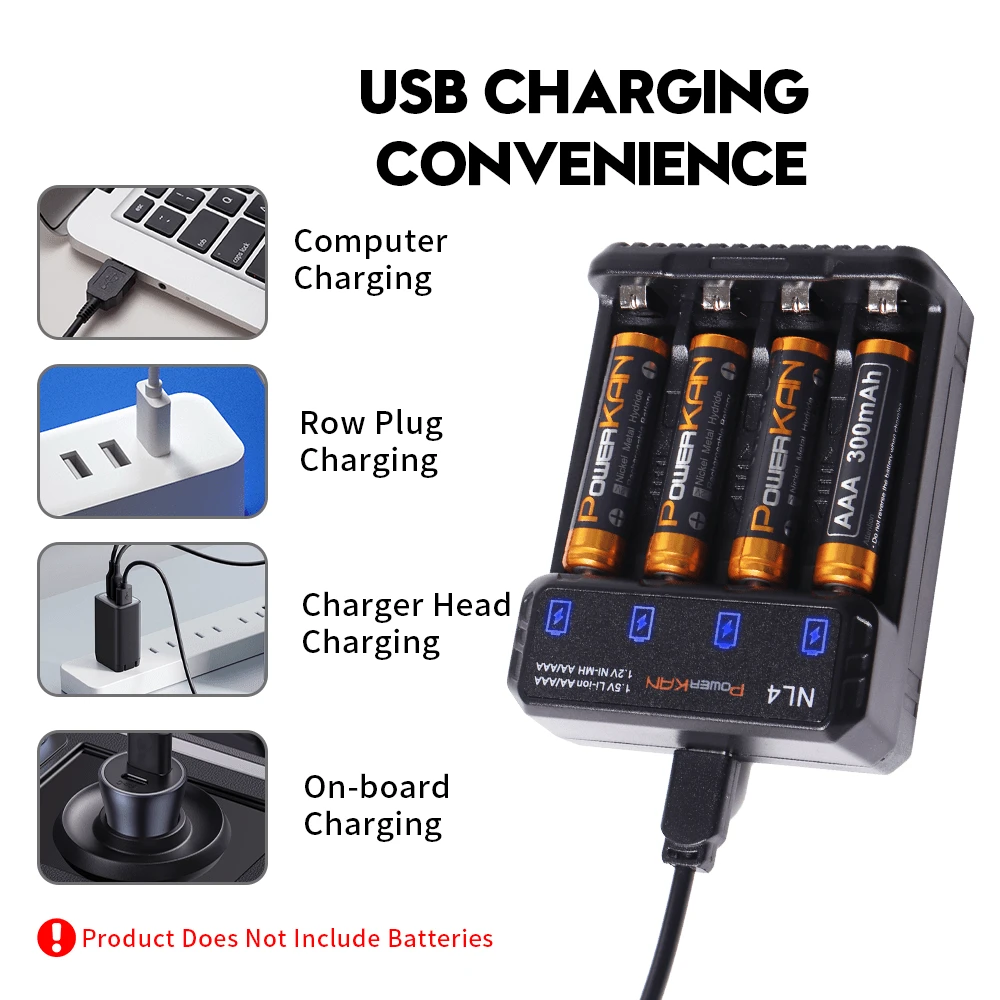 powerKAN POWERKAN NL4 Battery Charger, Standalone 4-Slot Charging 1.5V ...
