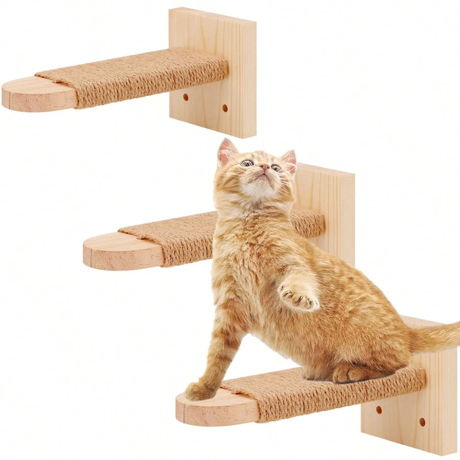 Wooden Cat Wall Steps, Cat Ladder With Jute Rope, Cat Wall Shelves For ...