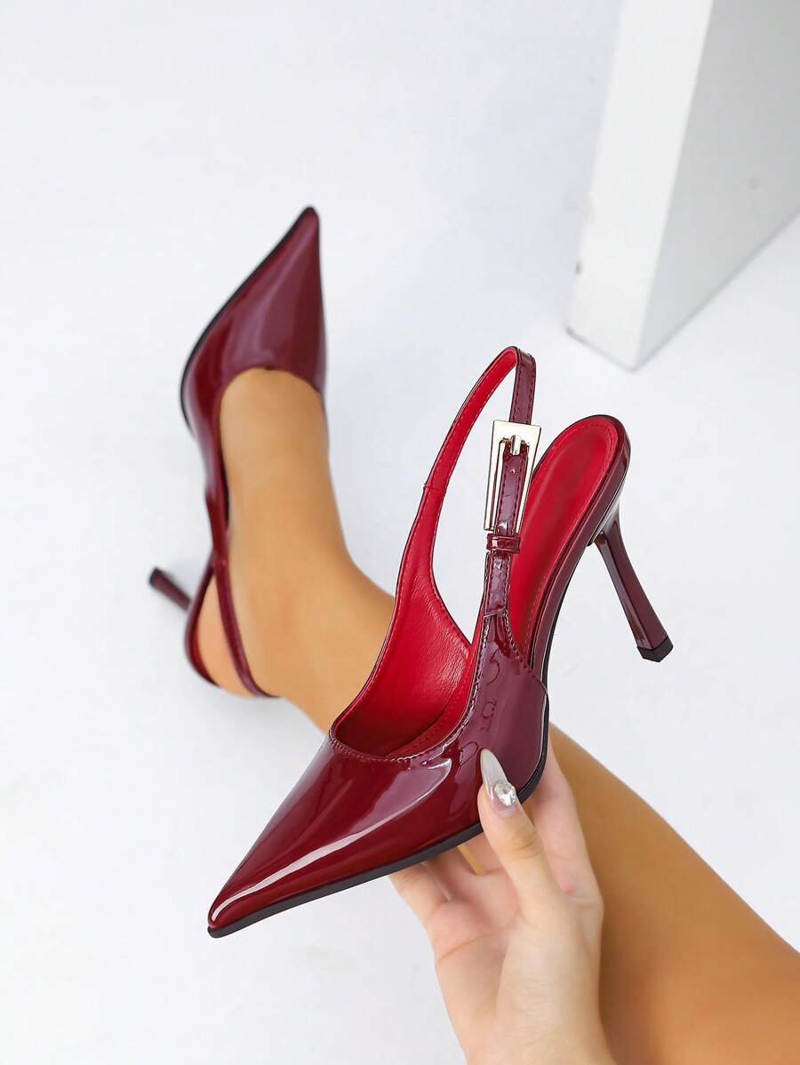 Women's High Heel Pointed Toe Maroon Encore Red Elegant Metal Accent ...