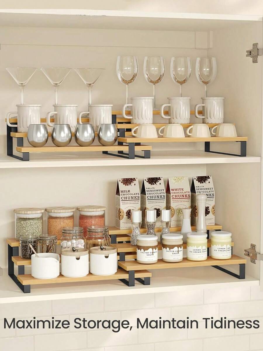 3-Tier Expandable Storage Rack, Adjustable Kitchen Cabinet Organizer ...