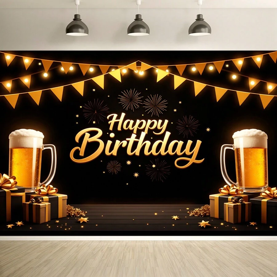 Beer-Themed Black And Gold Happy Birthday Party Backdrop With Banner ...