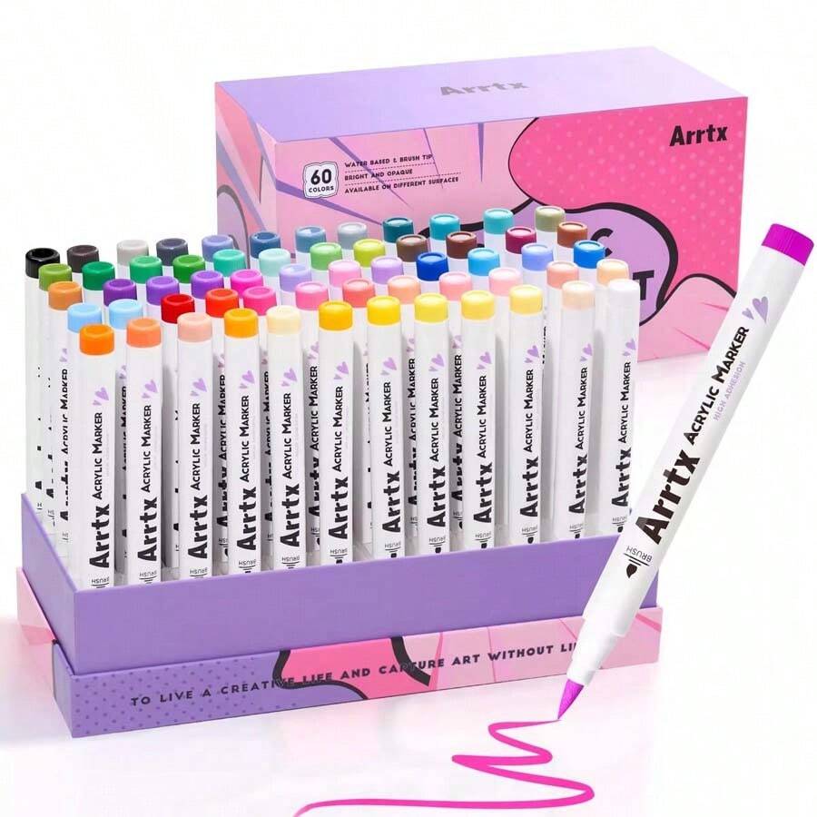 Arrtx 60-Color Acrylic Marker Pen Set, Alcohol-Based Brush Tip Markers ...