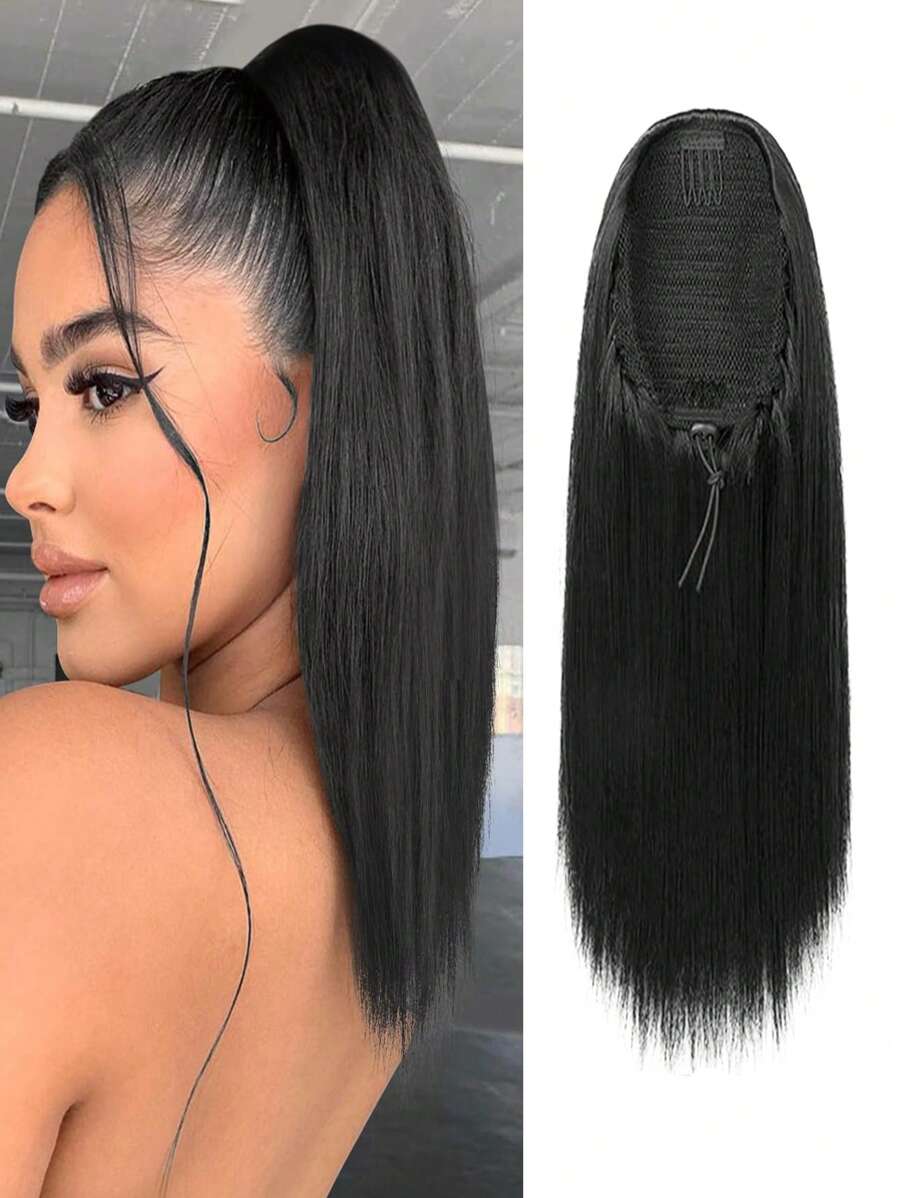 Black Ponytail Extension, Short Straight Drawstring Ponytail Extension ...