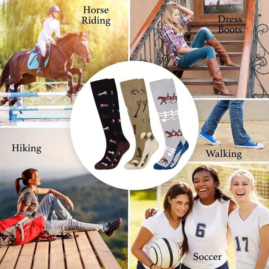 3 Pairs Women's Knee High Horse Riding Socks, Comfortable Outdoor ...